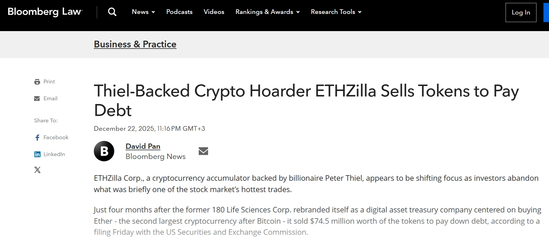 ETHZilla, backed by Peter Thiel, sold 24,291 ETH at an | DropsTab News